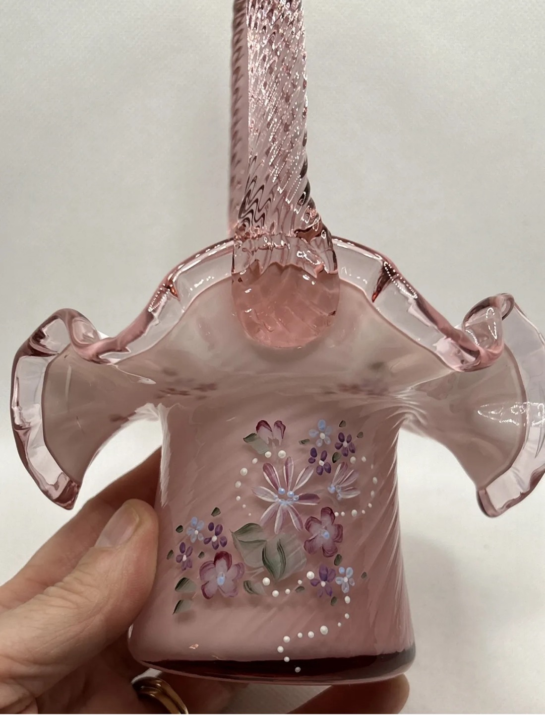 1996 Pink Fenton Overlay Basket Signed by George Fenton & By Painted ...