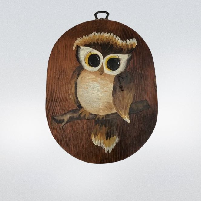 Vintage Owl Wood Plaque Wall Hanging Hand Painted Folk Art - 6" x 8"