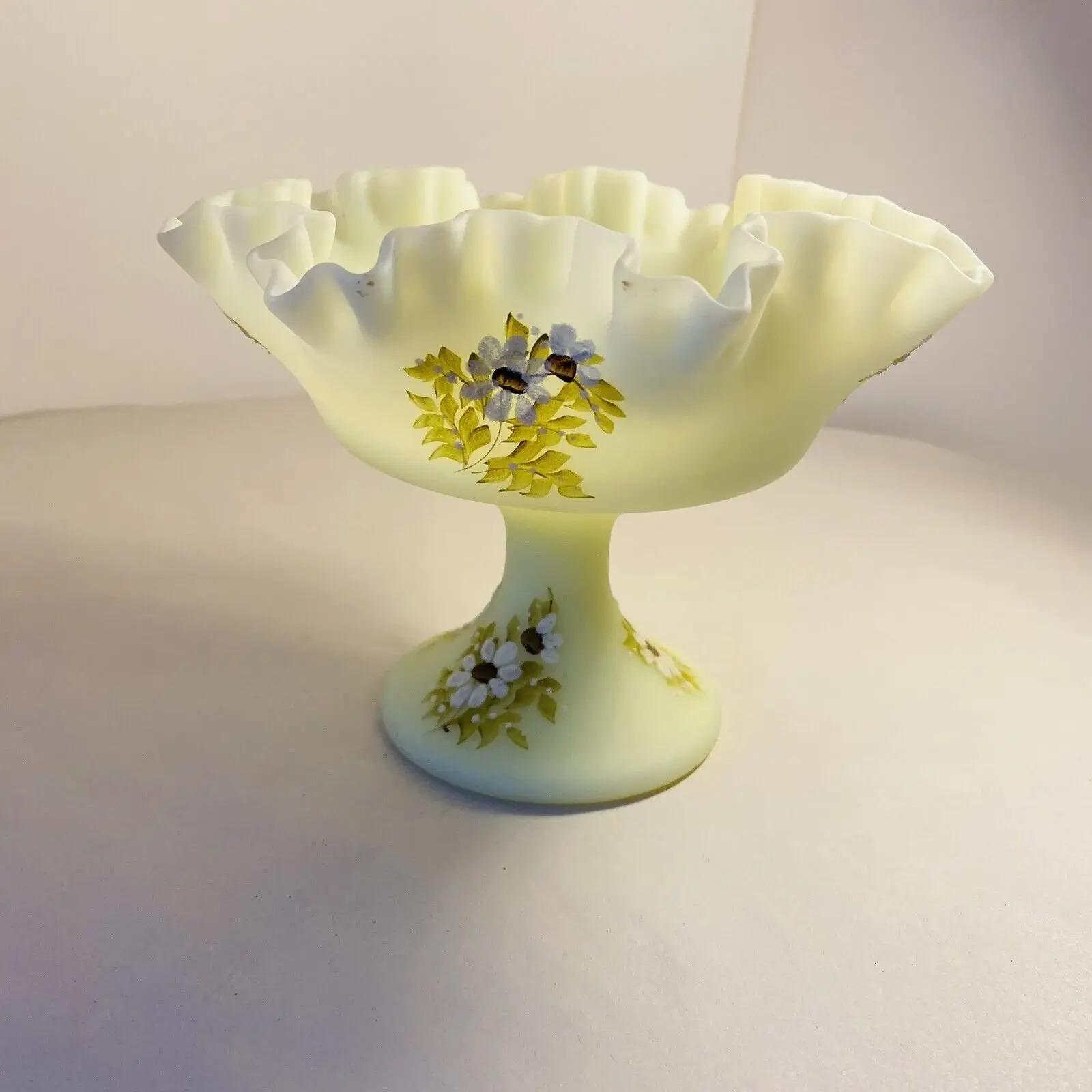 Vintage Fenton Custard Glass Hand Painted Ruffled Compote Glass Yellow ...