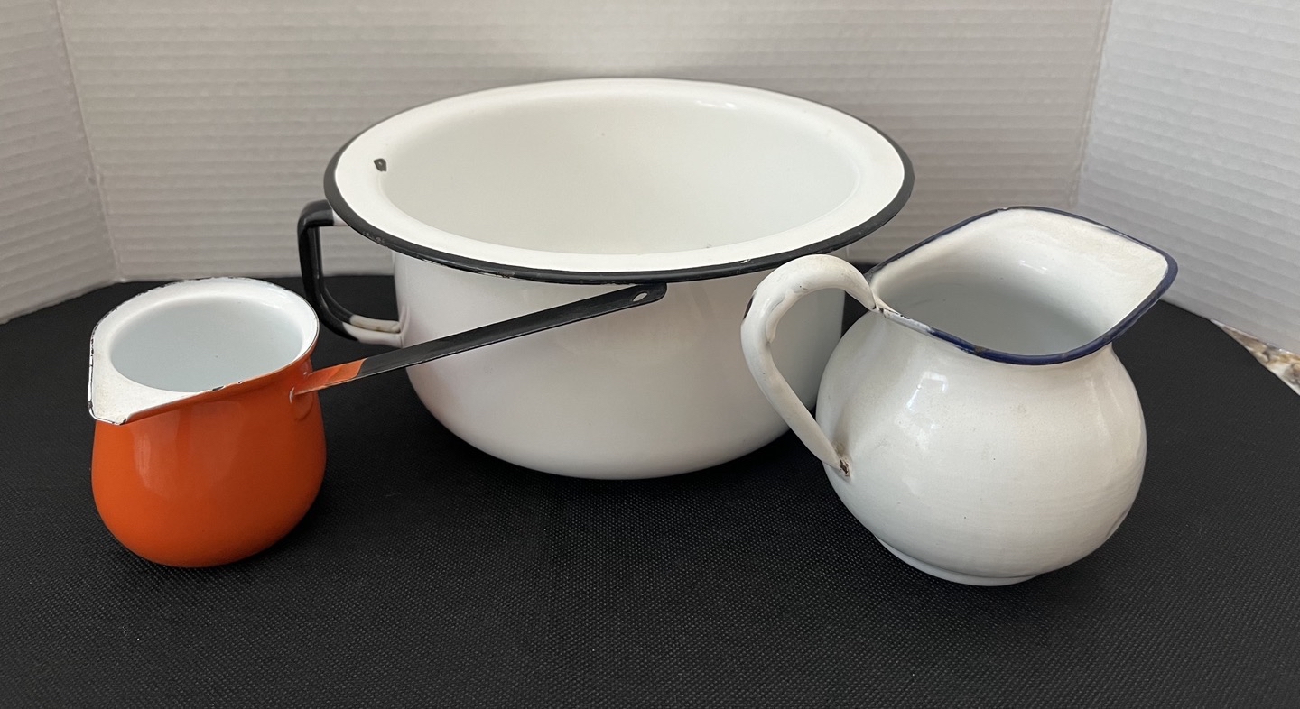 Vintage Enamelware Lot White Chamber Pot And Pitcher, Orange Water ...
