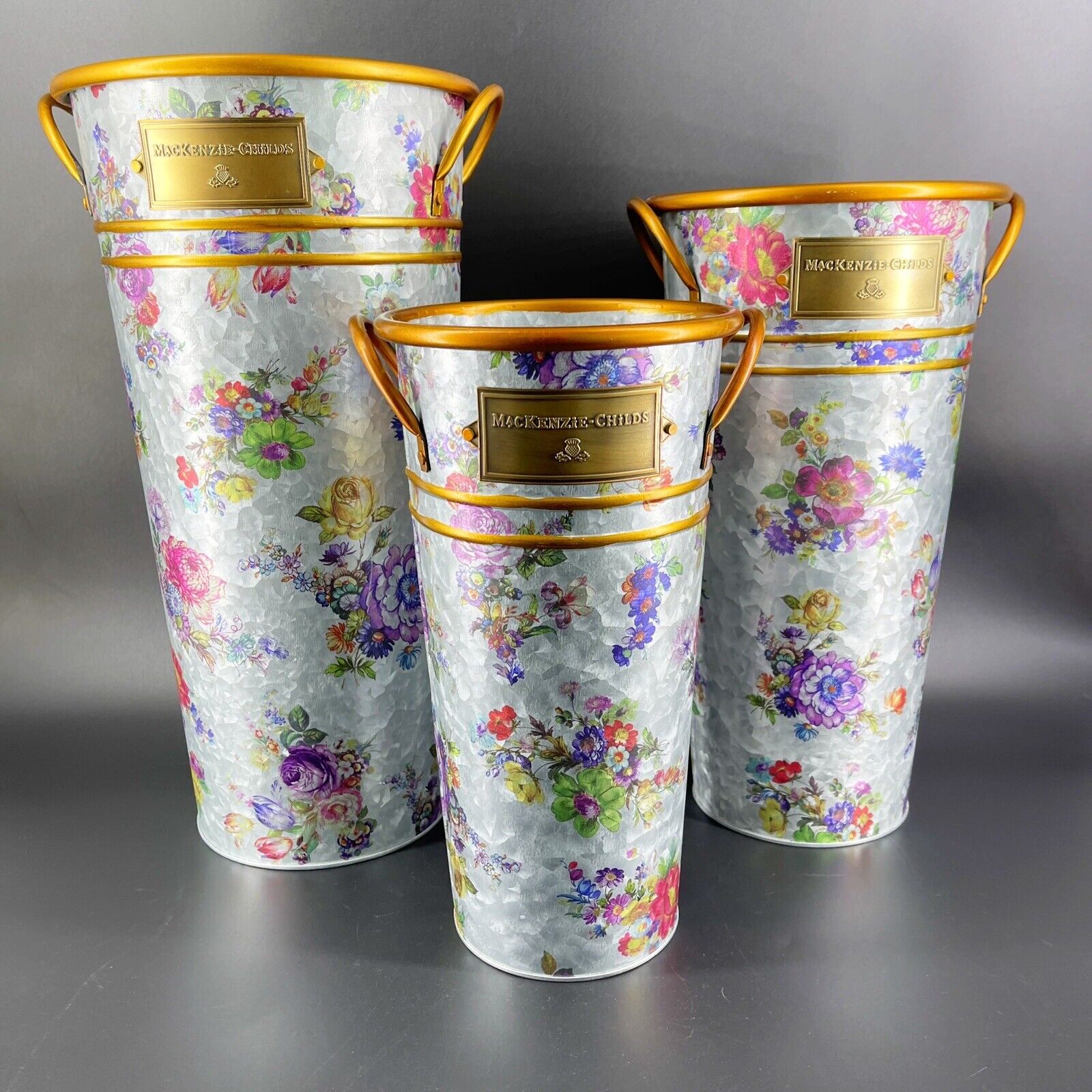 Set Of 3 MacKenzie Childs Flower Market Galvanized Flower Buckets
