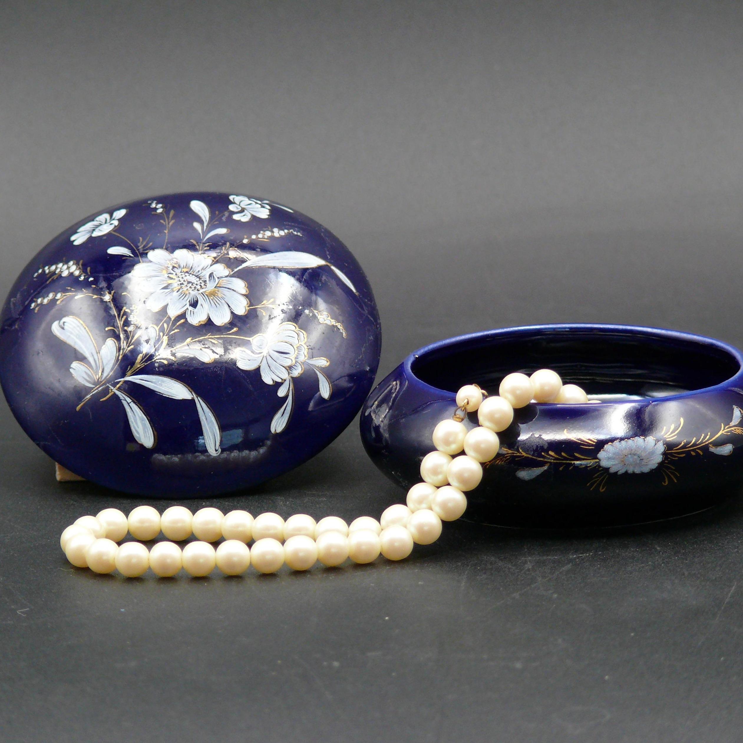 Vintage Cobalt Blue Floral Porcelain Trinket Box