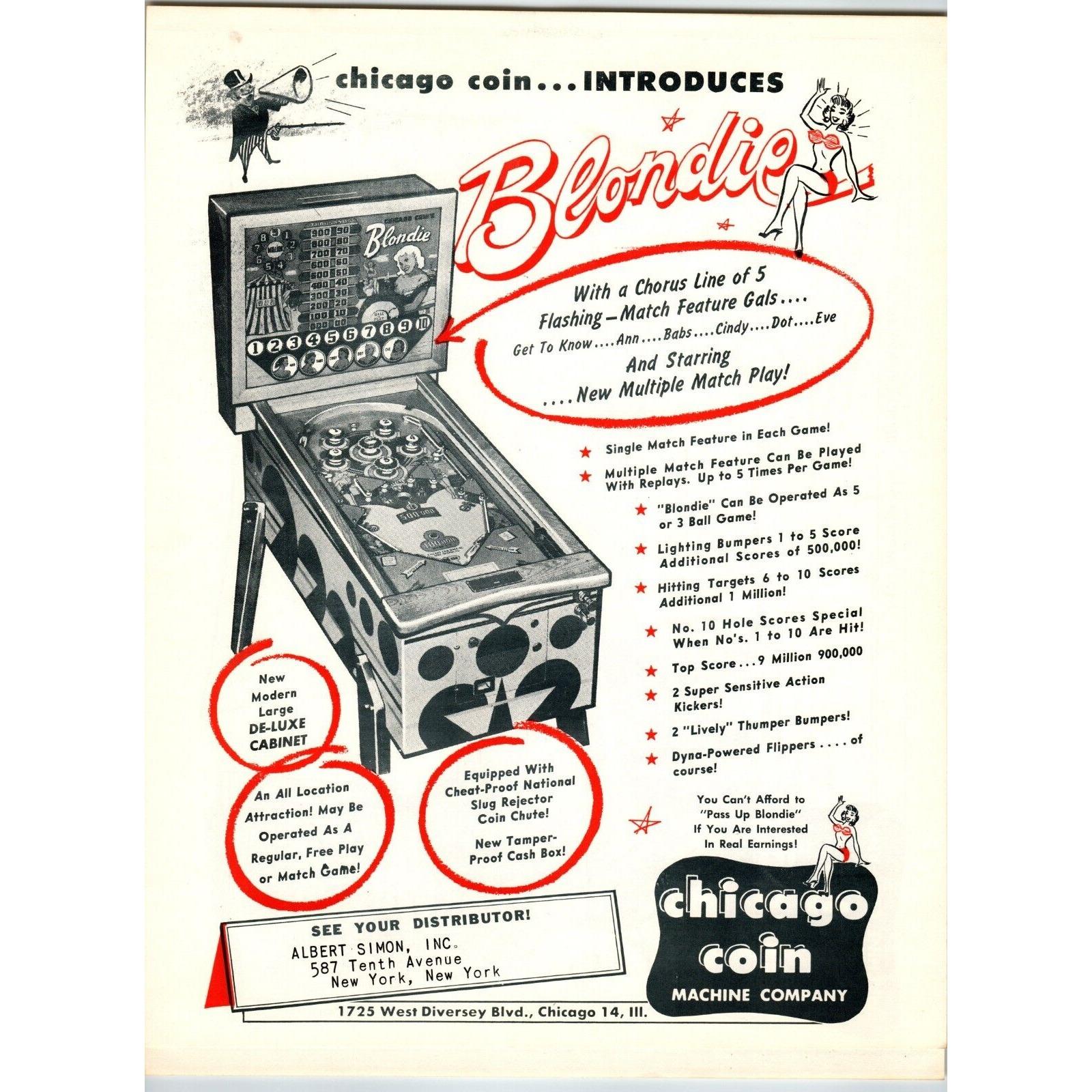 Blondie Pinball Machine FLYER Original 1956 Vintage Coin-Op Amusement ...
