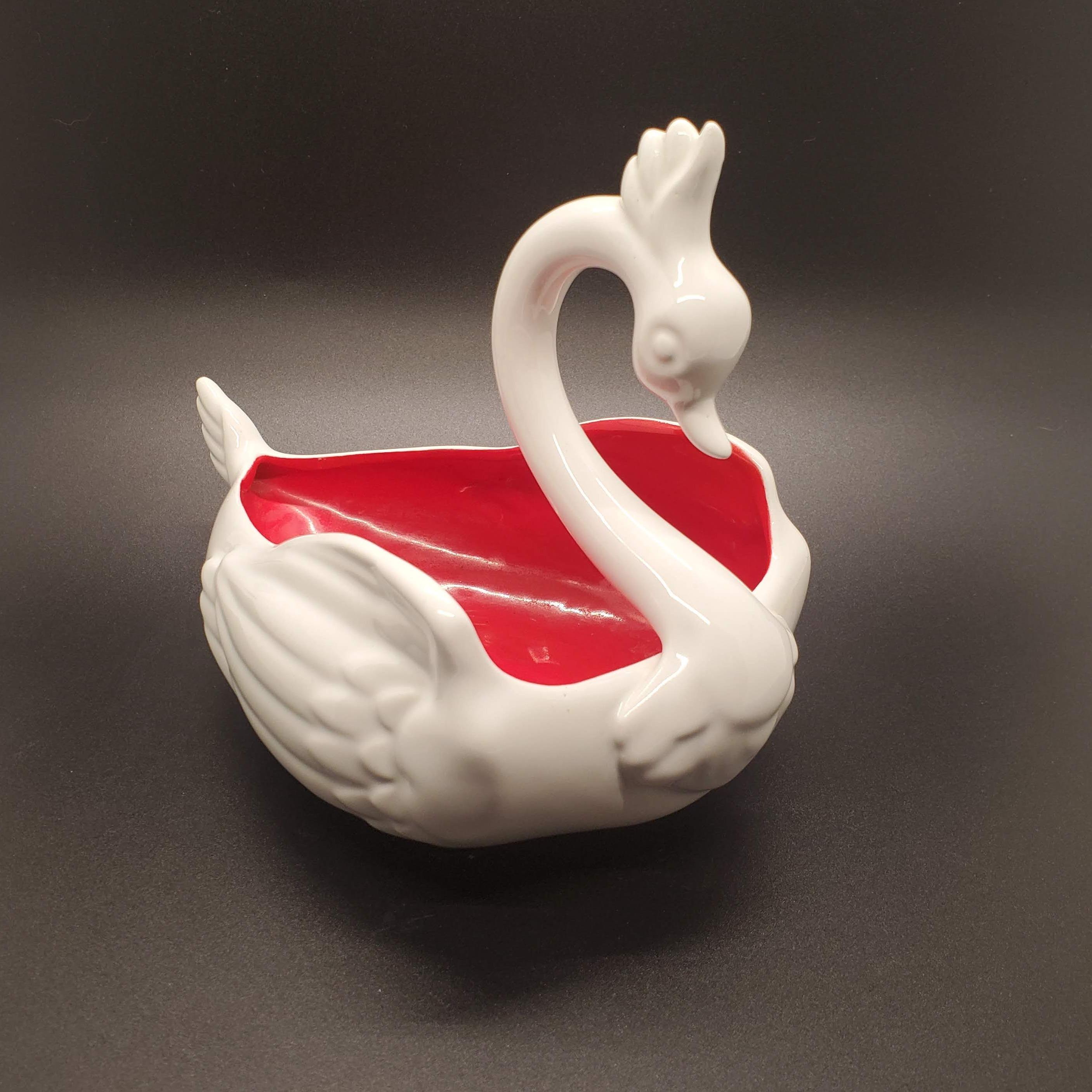 N.S. Gustin USA 1950s Stylized White Swan Candy Nut Dish Red Interior