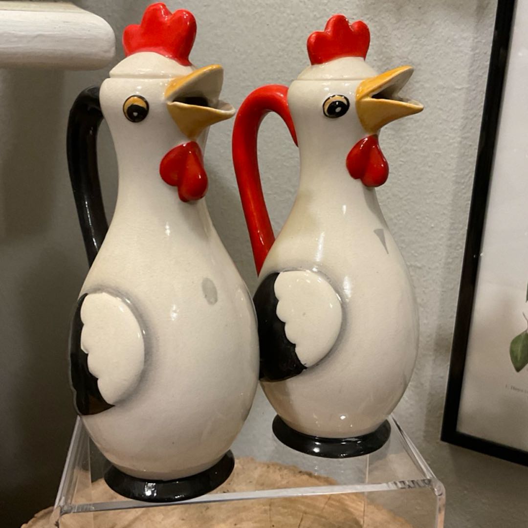 Mid-Century Ceramic Red Rooster ‘Coq Rouge’ Oil & Vinegar Cruets