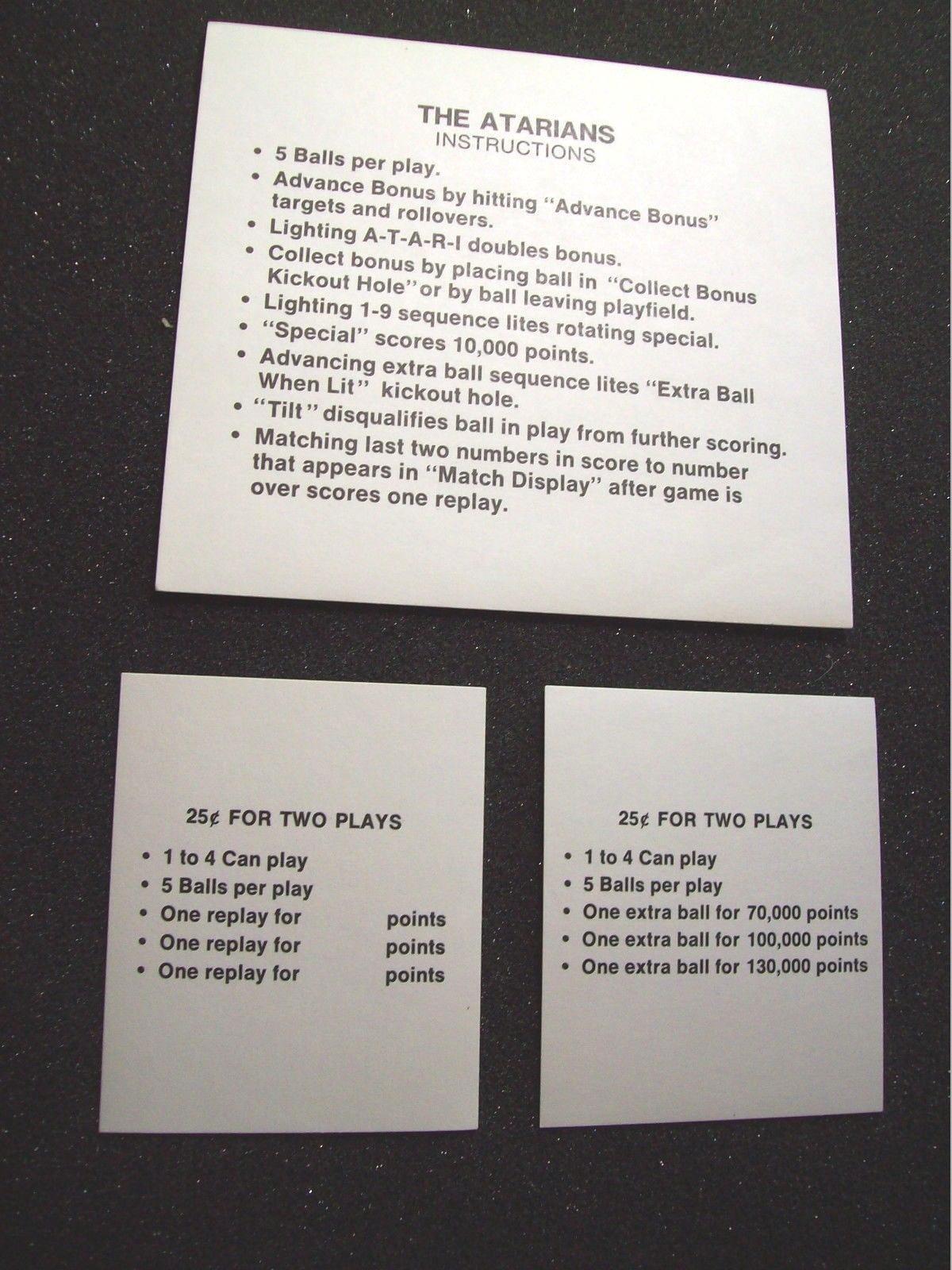 The ATARIANS Original 1977 Pinball Machine Instruction Award Cards 5-Ball
