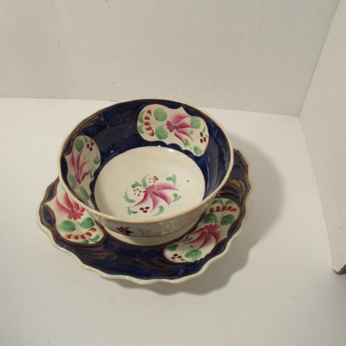 ANTIQUE Gaudy Welsh Cobalt Blue Copper Luster Columbine Pattern Bowl ...