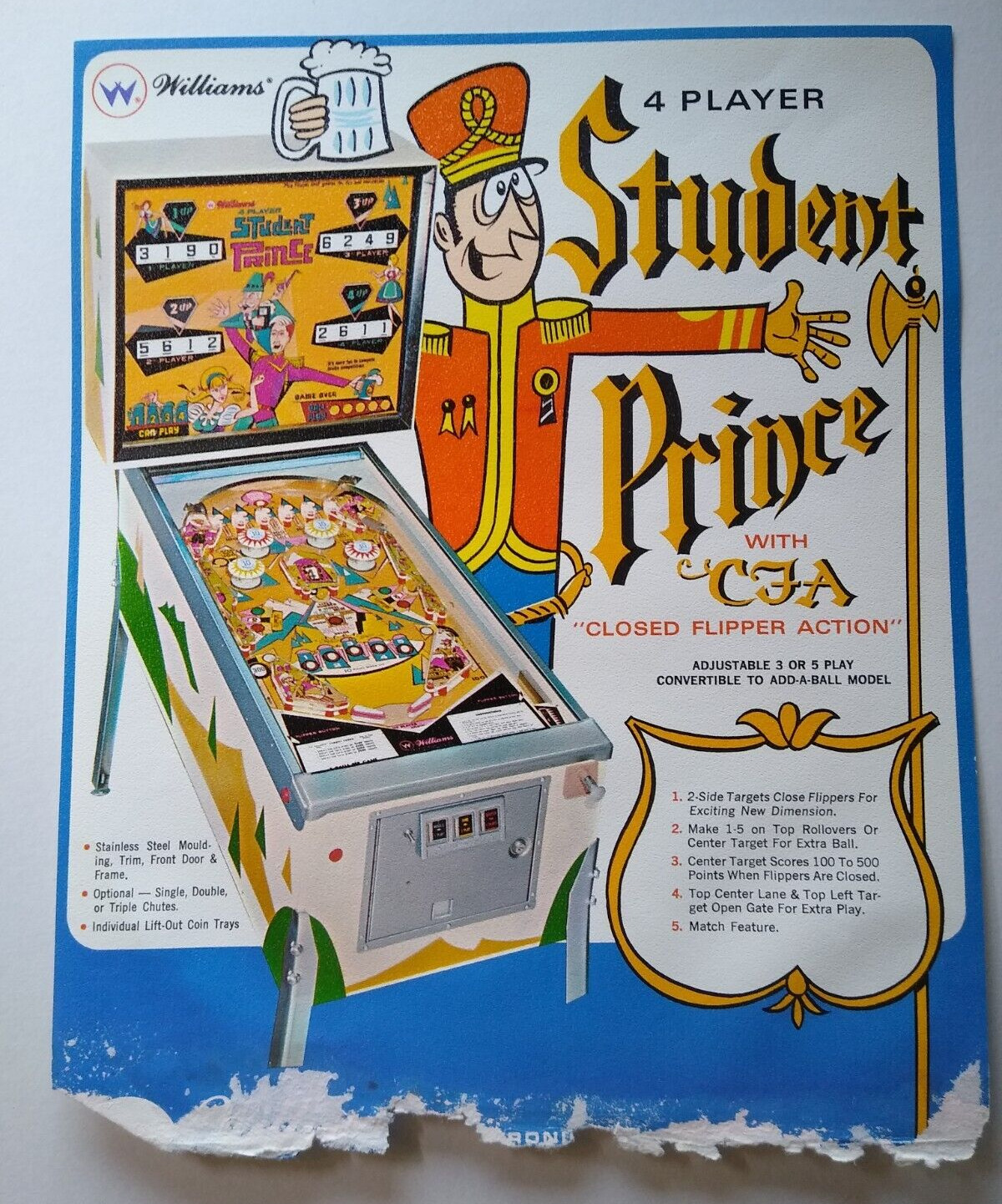 Student Prince Pinball Flyer Original 1968 Artwork Promo Sheet DAMAGED