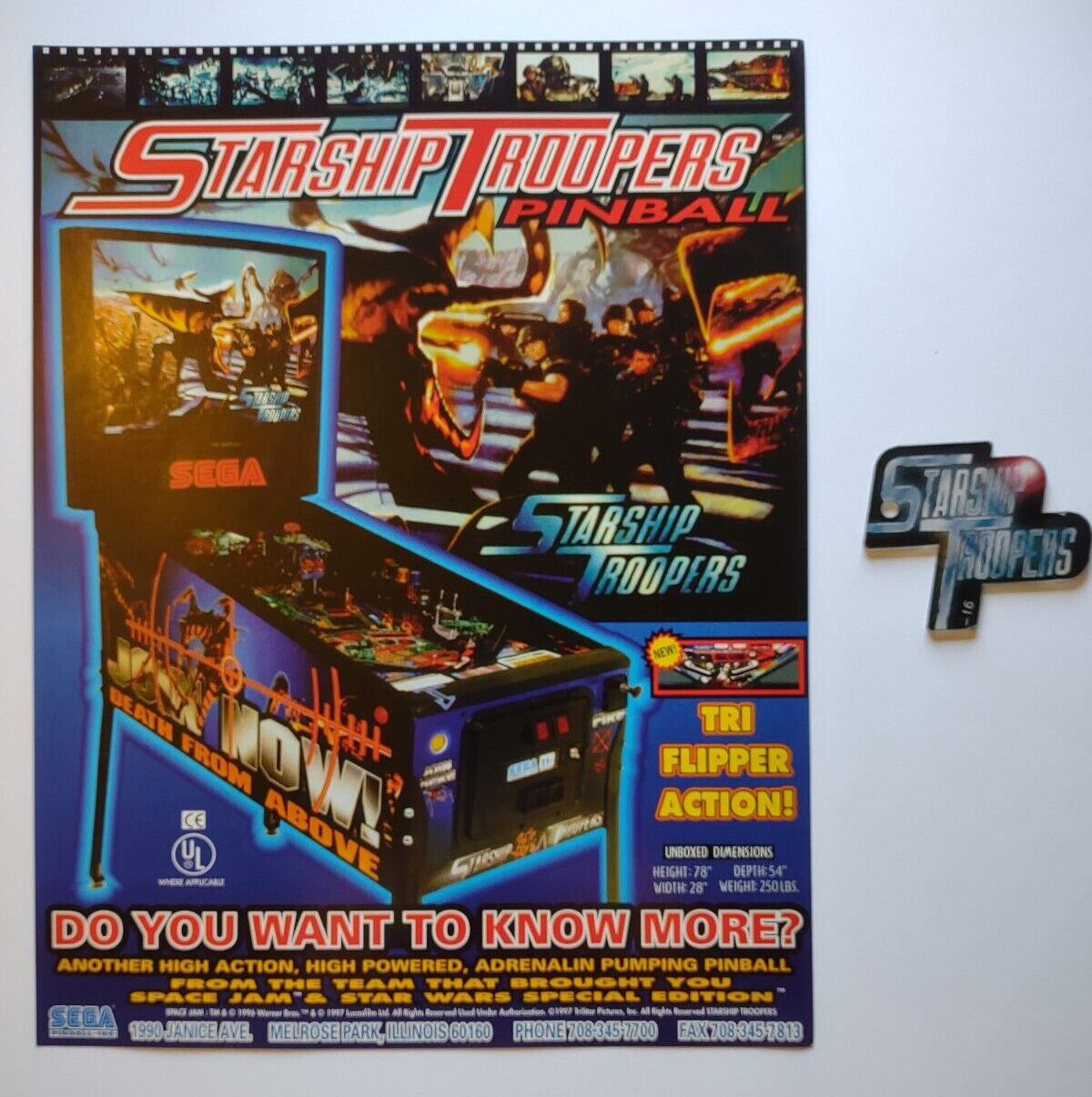 Starship Troopers Pinball FLYER + Plastic Promo Keychain Original NOS 1997