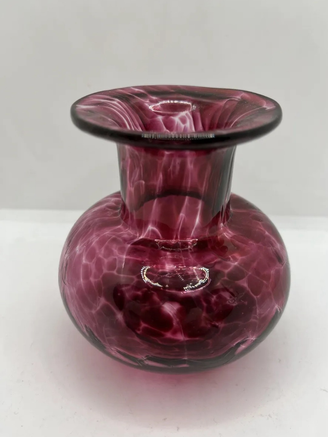 Signed Larson Cranberry Crackle Art Glass Vase, Vintage Crackle Vase