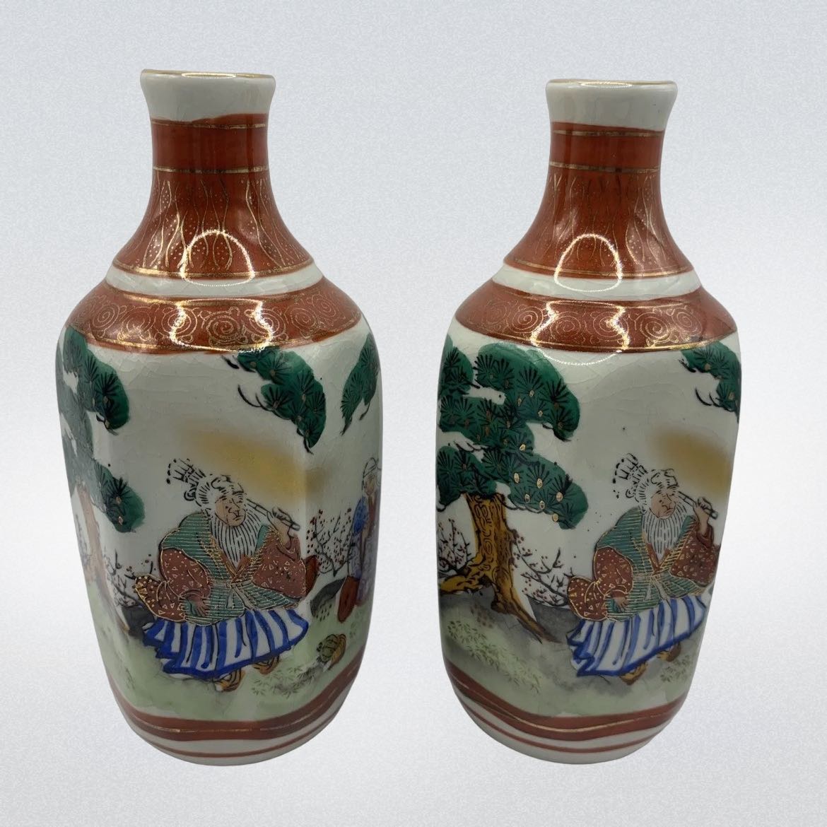 Set Of 2 Antique Japanese Bottles Orange With Gold Trim Hand Painted