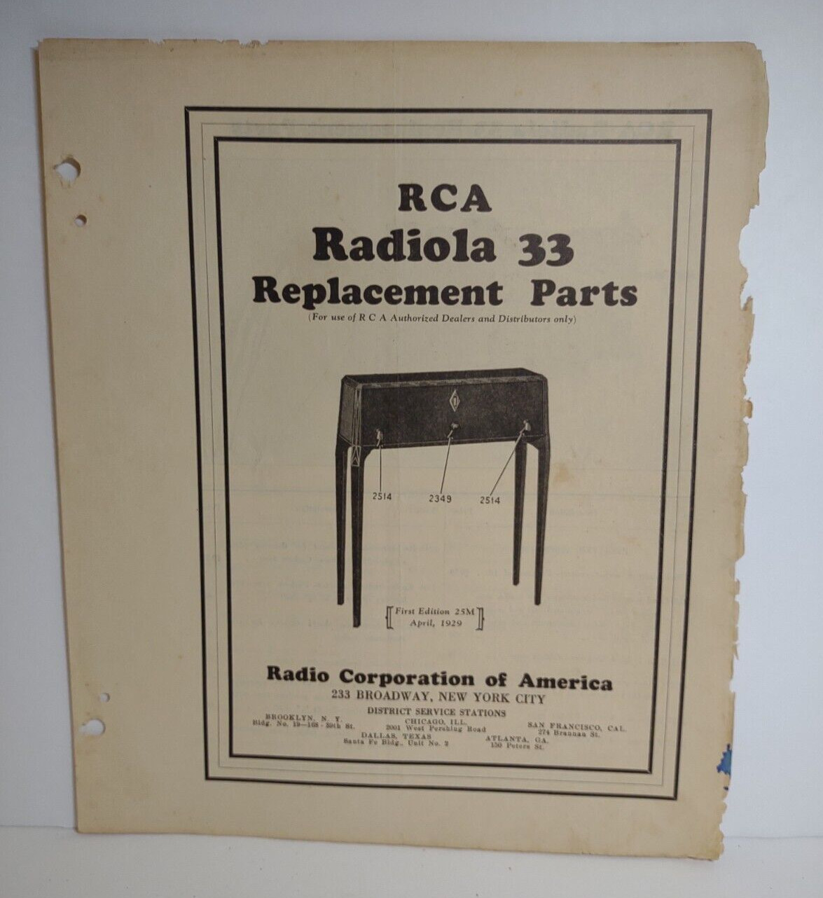 RCA Radiola 33 Vintage Original 1929 Replacement Parts Radio Victor 4 Pages