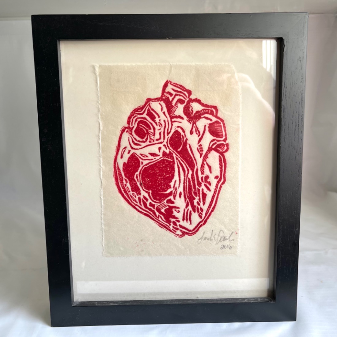 Original Handmade Linocut Print Framed Anatomical Heart In Red Ink