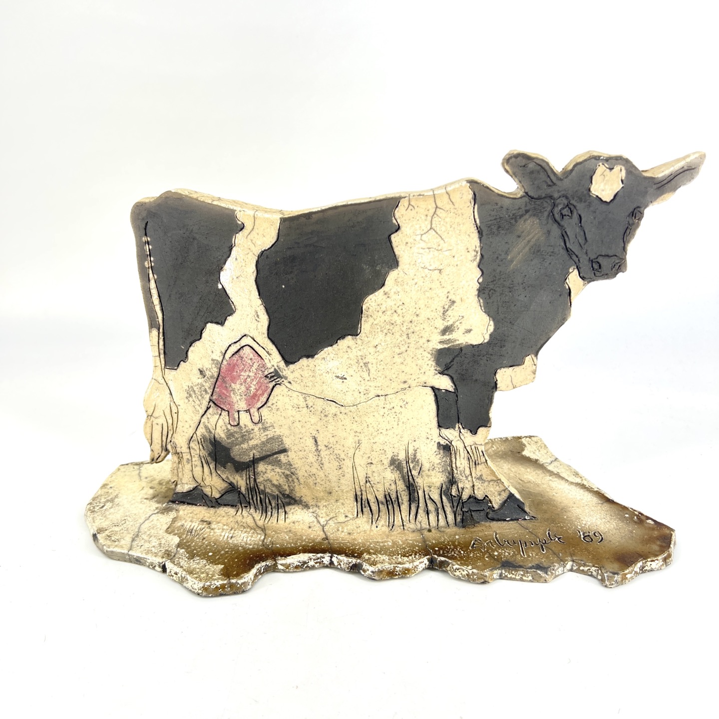 Raku Studio Pottery Cow Sculpture Figurine