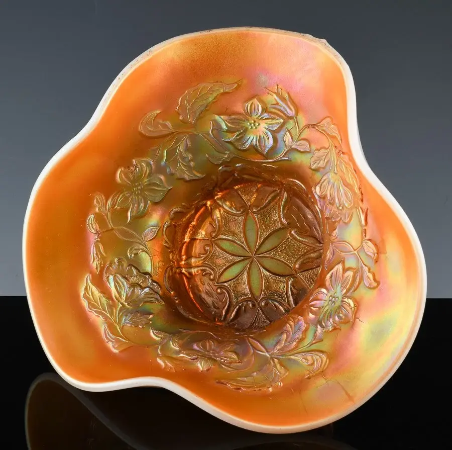 Lovely Antique Dugan Peach Marigold Carnival Glass Six Petals Pattern ...