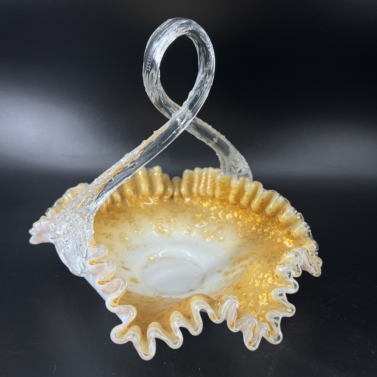 Crimped Art Glass Gold Milk Glass Bridal Basket