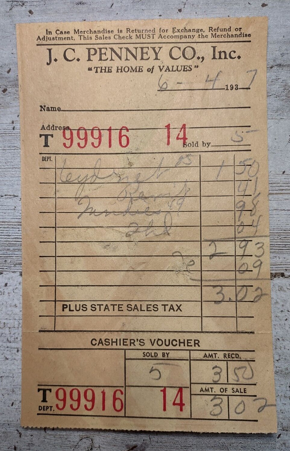 Vintage JC Penney Handwritten Sales Receipt Ephemera Cash Purchase ...