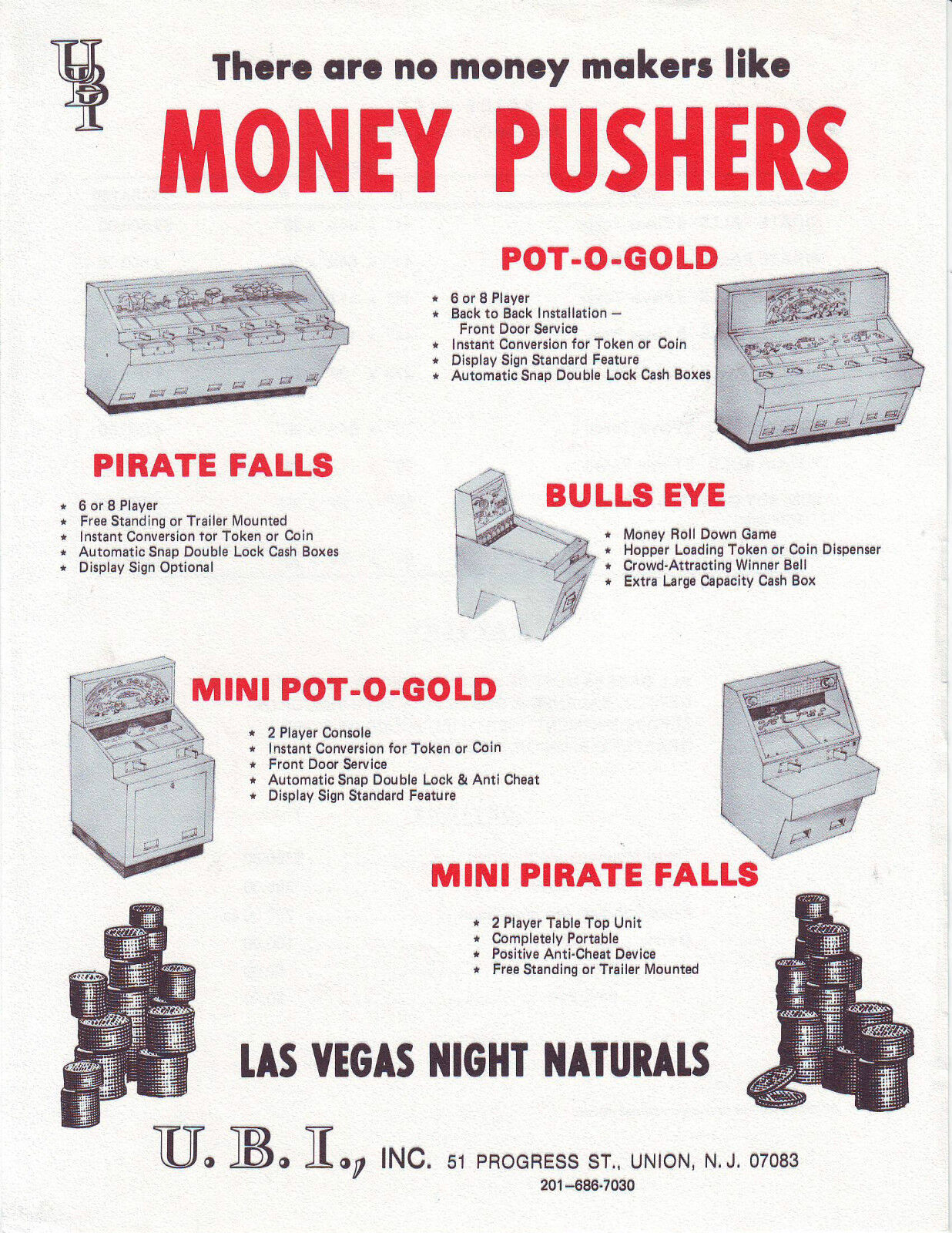 MONEY PUSHERS ORIGINAL BOARDWALK ARCADE GAME SALES FLYER UBI INC.