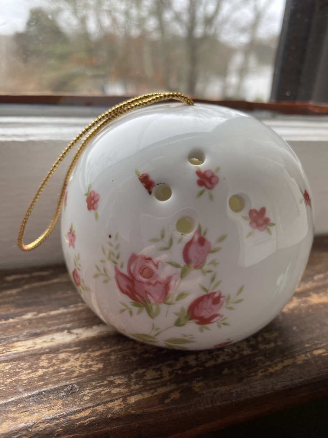 Porcelain Pomander, Pink Roses, Gold Hanging Cord, Stopper