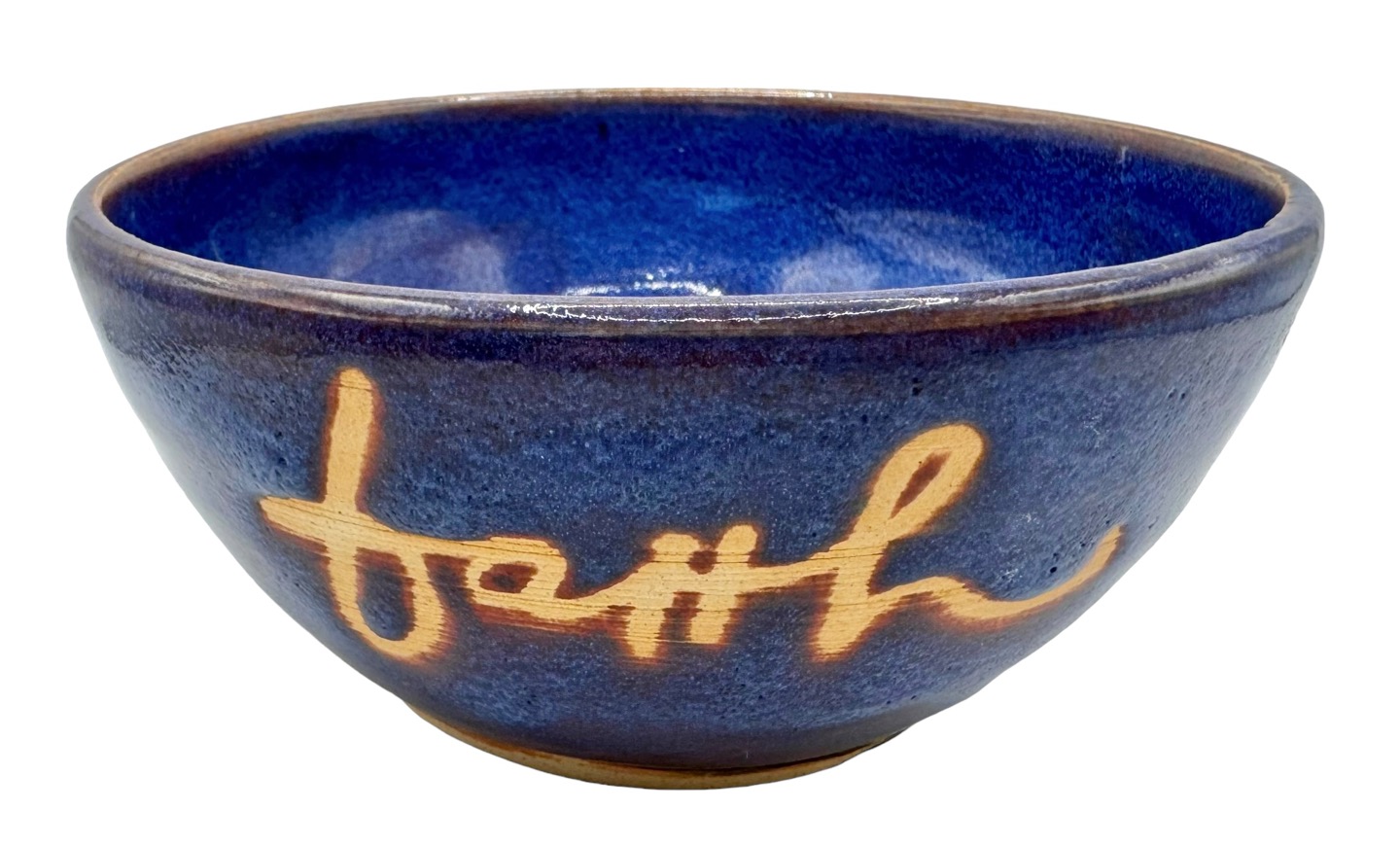 Studio Art Pottery Signed Bowl Blue Glaze Faith Round