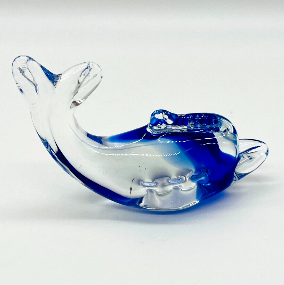 Art glass dolphin paperweight figurine blue clear small