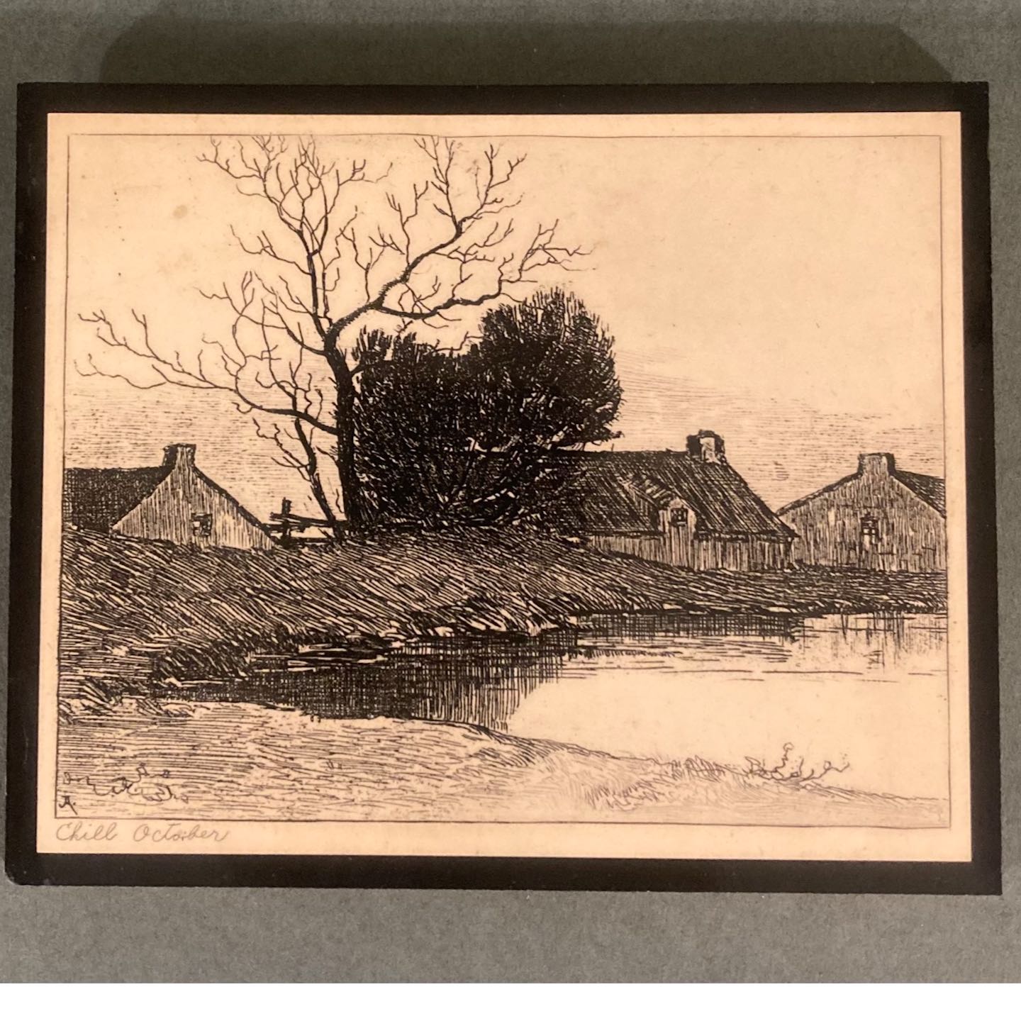 Vintage Black And White Etching Rural Scene