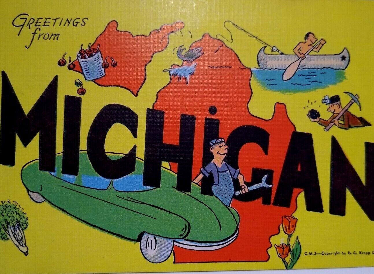 Greetings From Michigan Large Big Letter Postcard Linen Old Car Boat EC ...