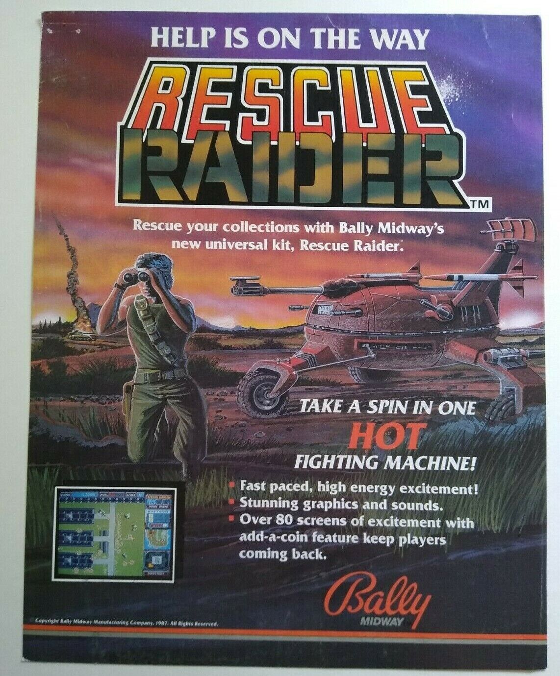 Rescue Raider Arcade FLYER Original 1987 Video Game Combat Artwork Vintage