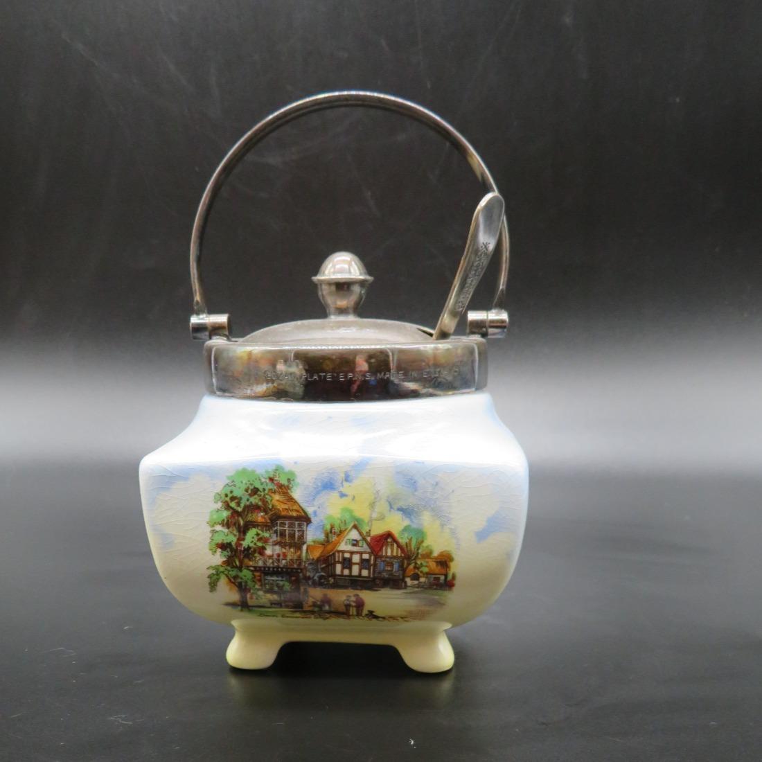 VTG English Pottery Jam Jar with Lid & Spoon by Sandland Ware scene ...