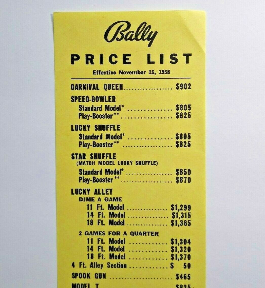 Operator Prices List Arcade Game Bingo Pinball Rides Nov 15 1958 ...