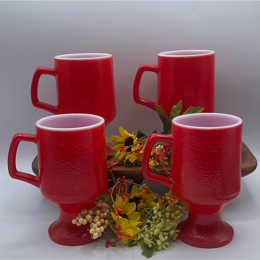 ANCHOR HOCKING RED AND WHITE MILK GLASS TEXTURED CUPS-SET OF 4