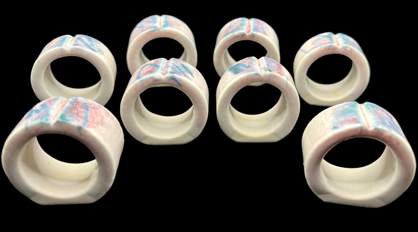 Studio Art Pottery Ceramic Napkin Ring Set of 8 Abstract Pink Blue READ