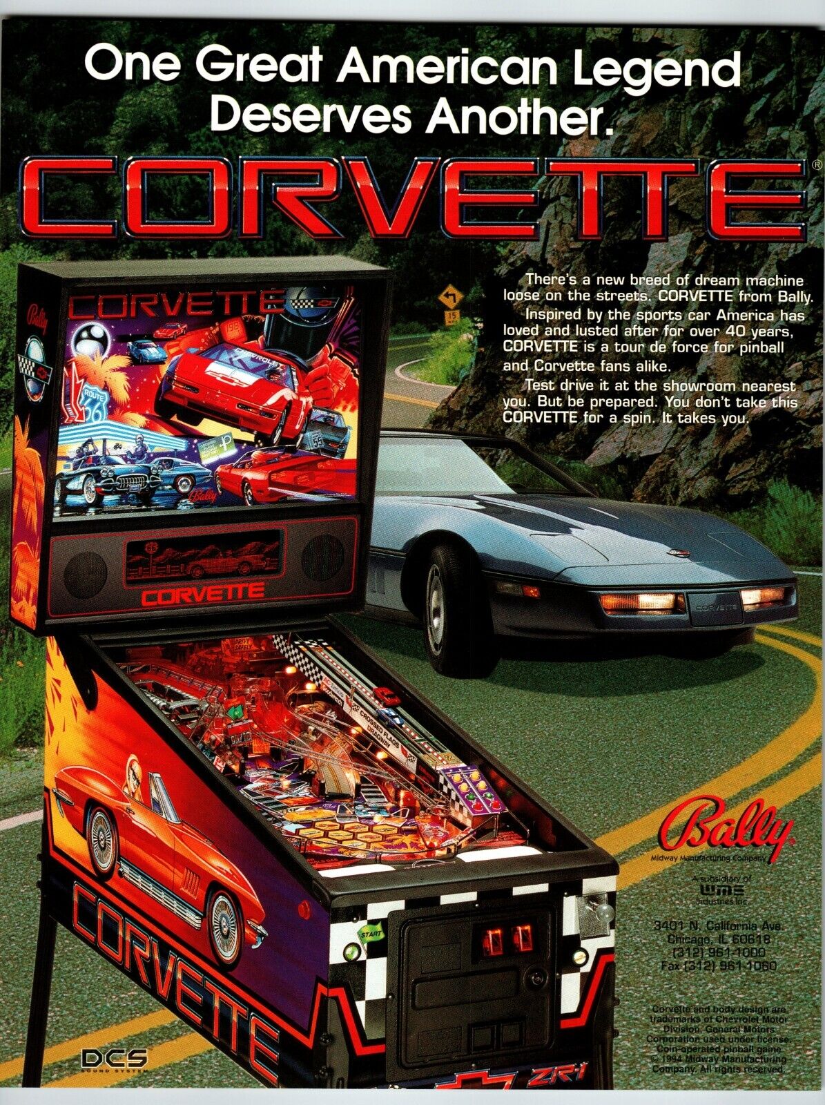 Corvette Pinball FLYER Original Game 1992 Chevrolet Vintage Promo Art ...