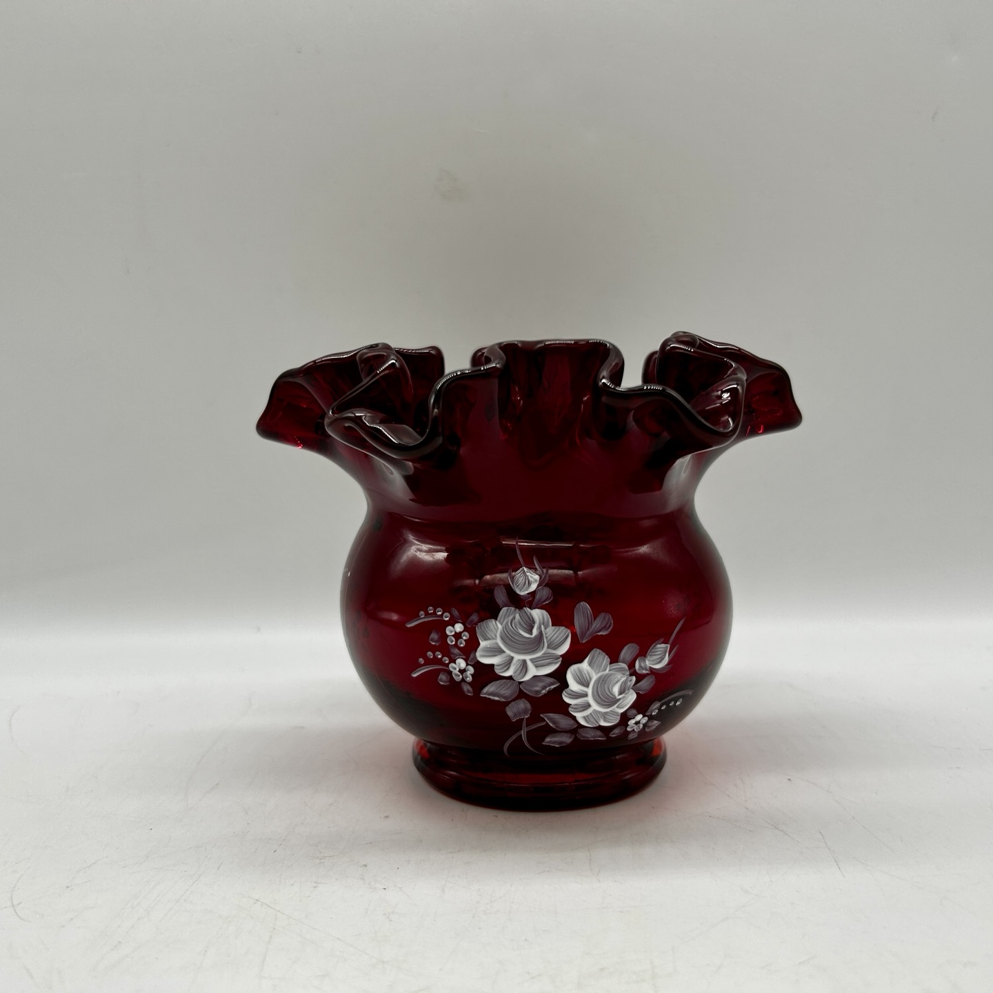 Fenton Ruby Red Ruffled Edge Rose Bowl Vase Hand Painted Artist Signed