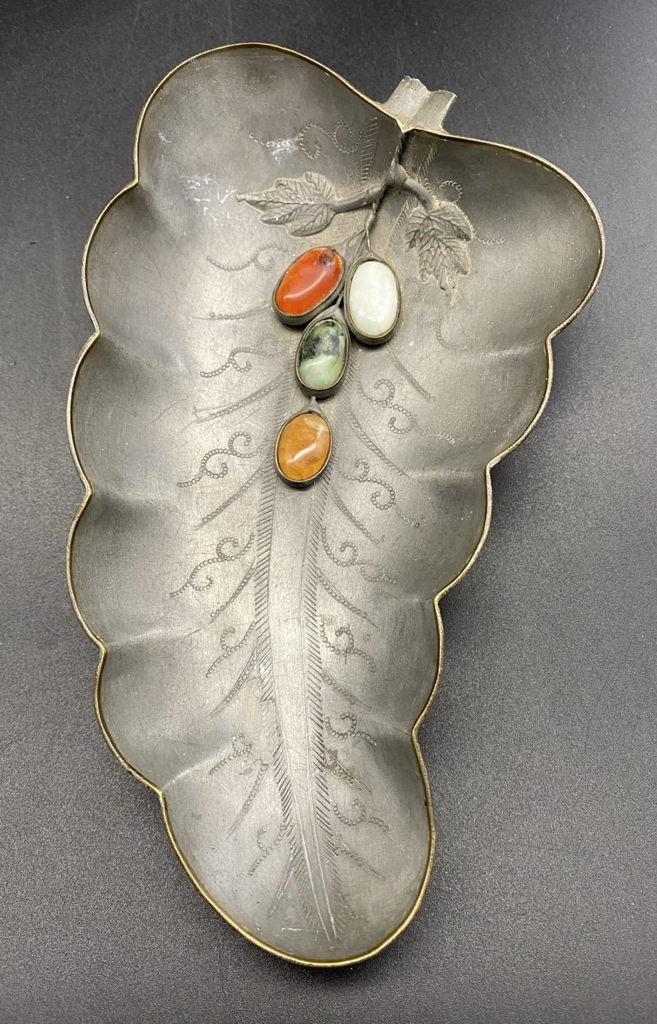 Antique / Vintage Pewter Leaf Bowl or Trinket Dish Semi Precious Stones