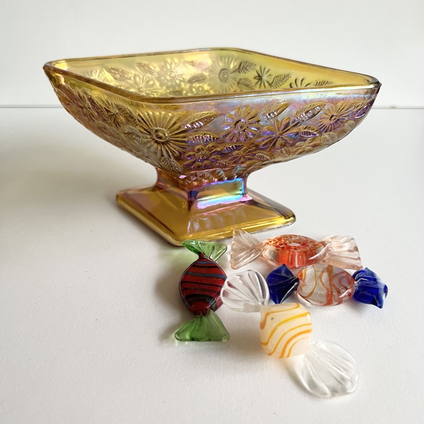 Indiana Marigold Carnival Glass Candy Dish and 4 Glass Candies