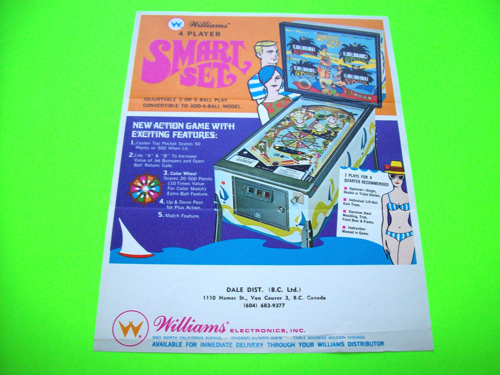 SMART SET Original 1969 Flipper Game Pinball Machine Promo Flyer Rare