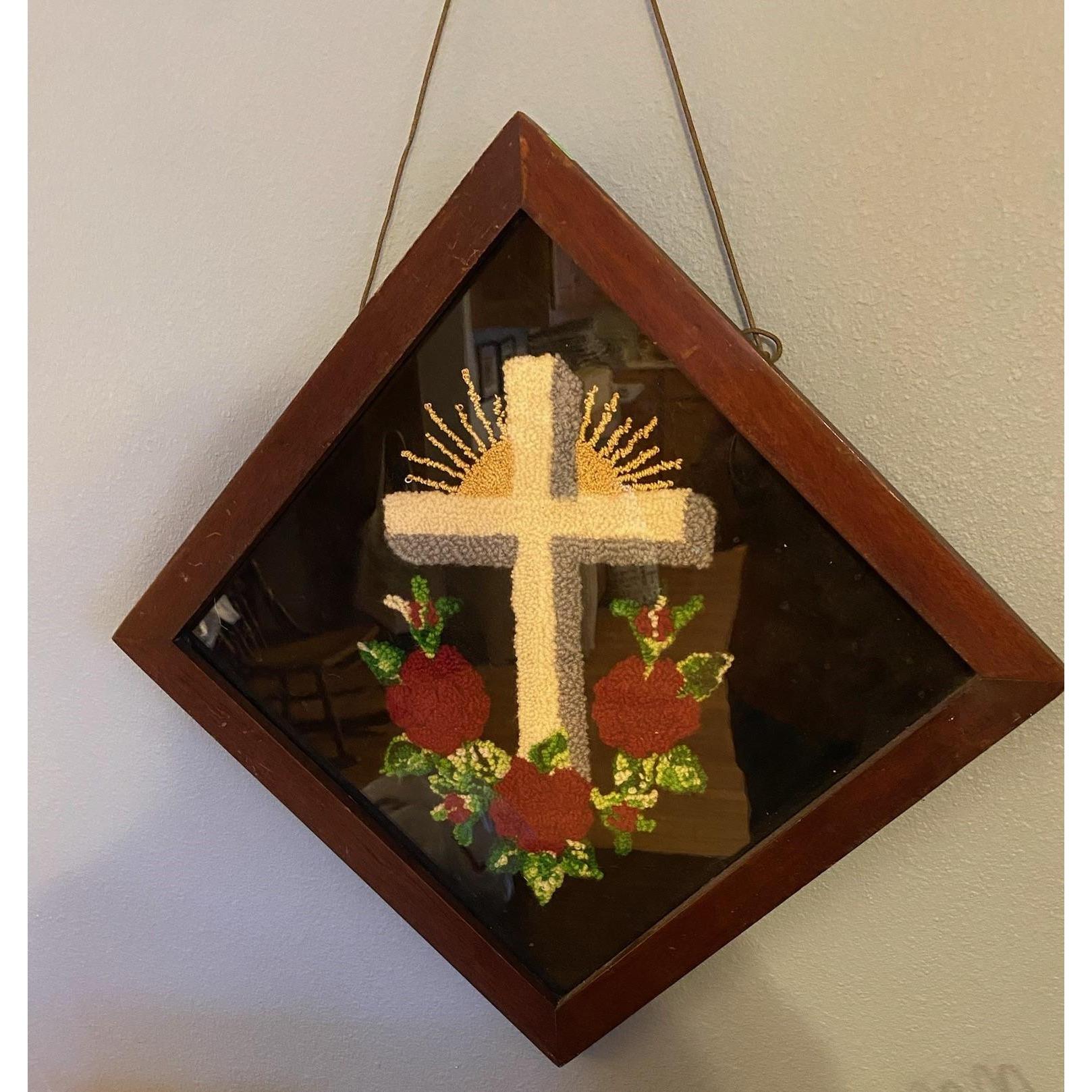 German Stump work Plush work Tufted Embroidery Cross and Red Roses On Point