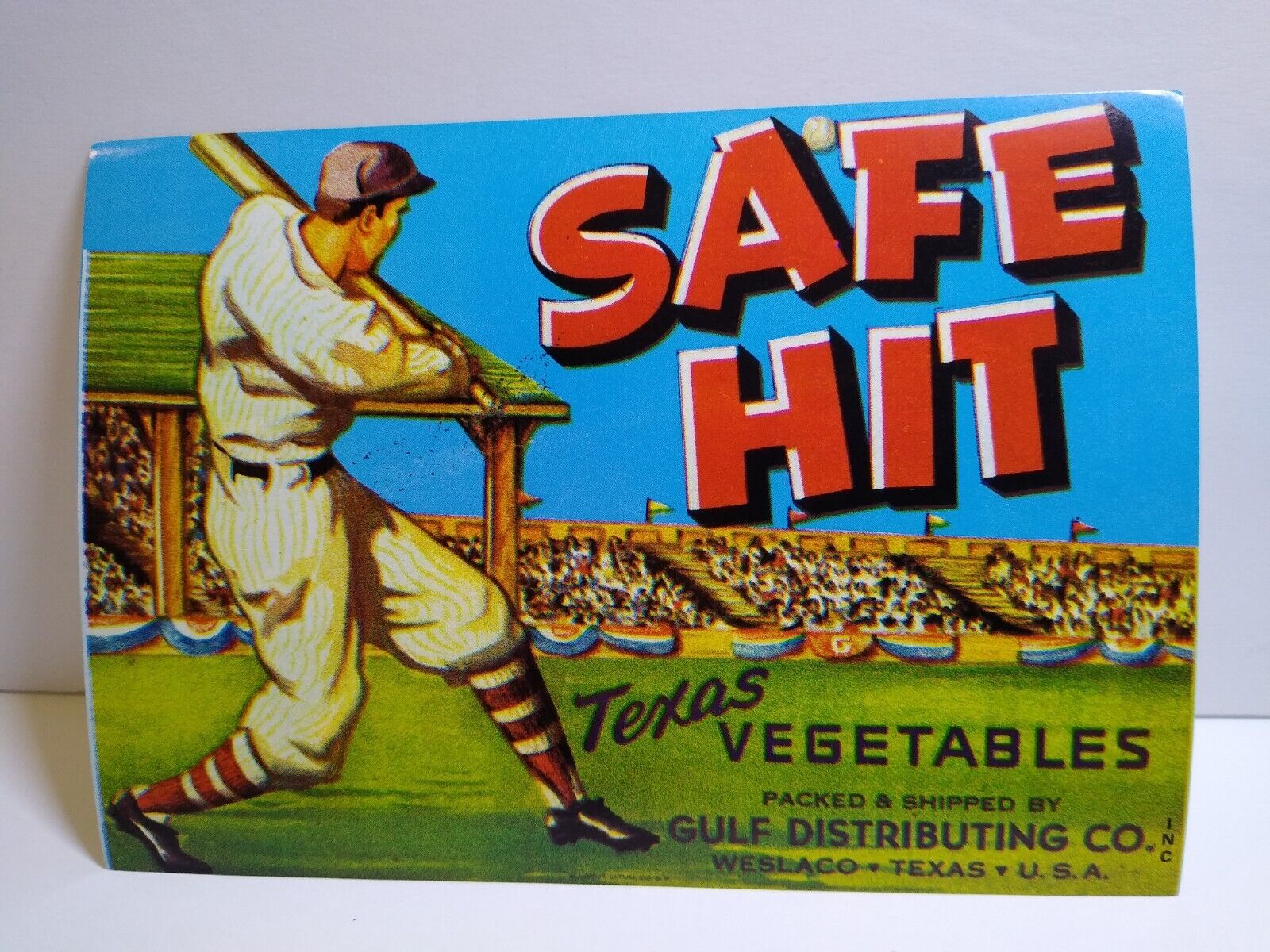 Safe Hit Baseball Texas Vegetables Crate Label 1950's Vintage Original ...