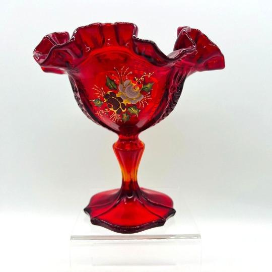 Fenton Red Glass Hand Painted Flowers Signed Ruffle Candy Dish Compote ...