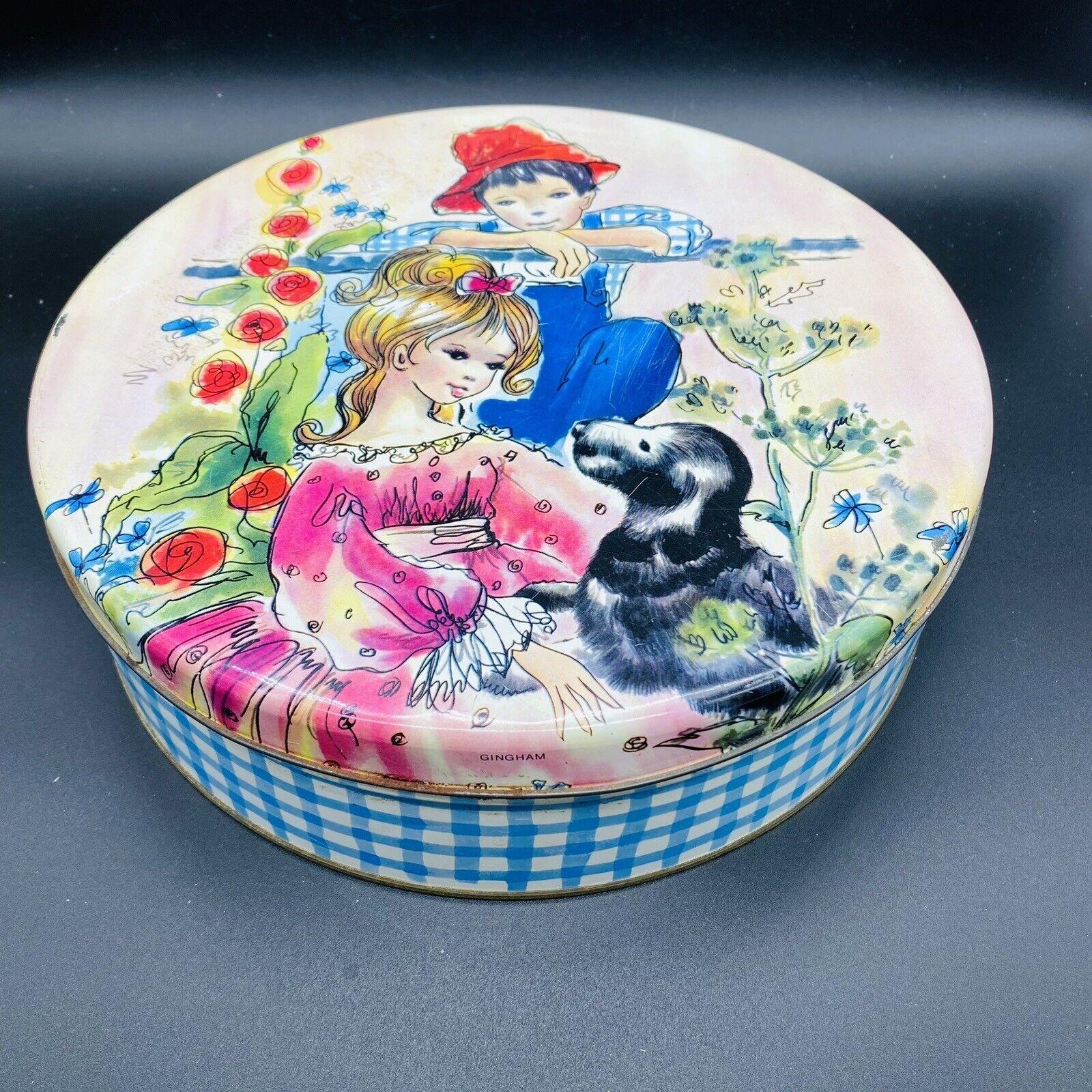 Blue GIngham Cookie Tin, Vintage Kids with Black Dog
