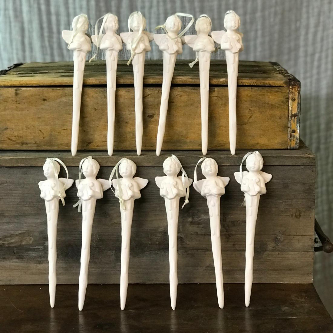 Vintage Ceramic Bisque Angel Icicle Ornaments - Set of 12