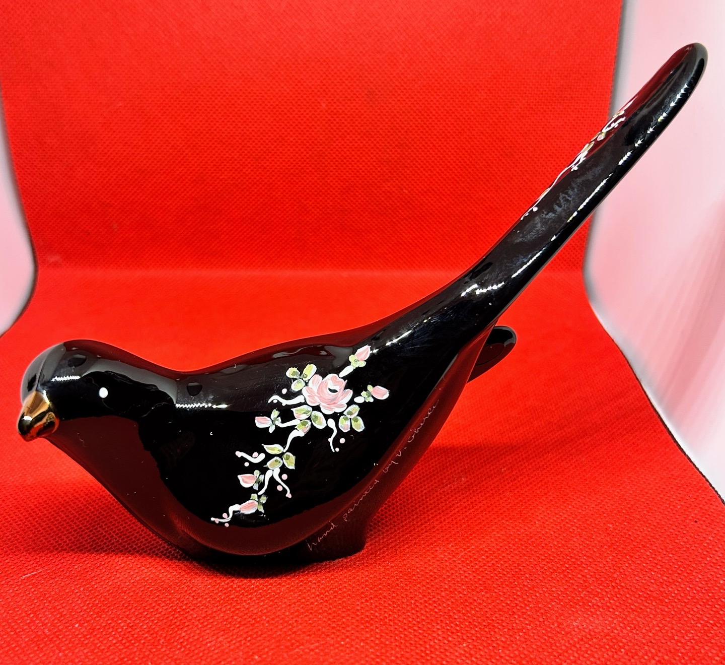Vintage Fenton Glass Black Bird Hand Painted Floral Signed V. Gherke