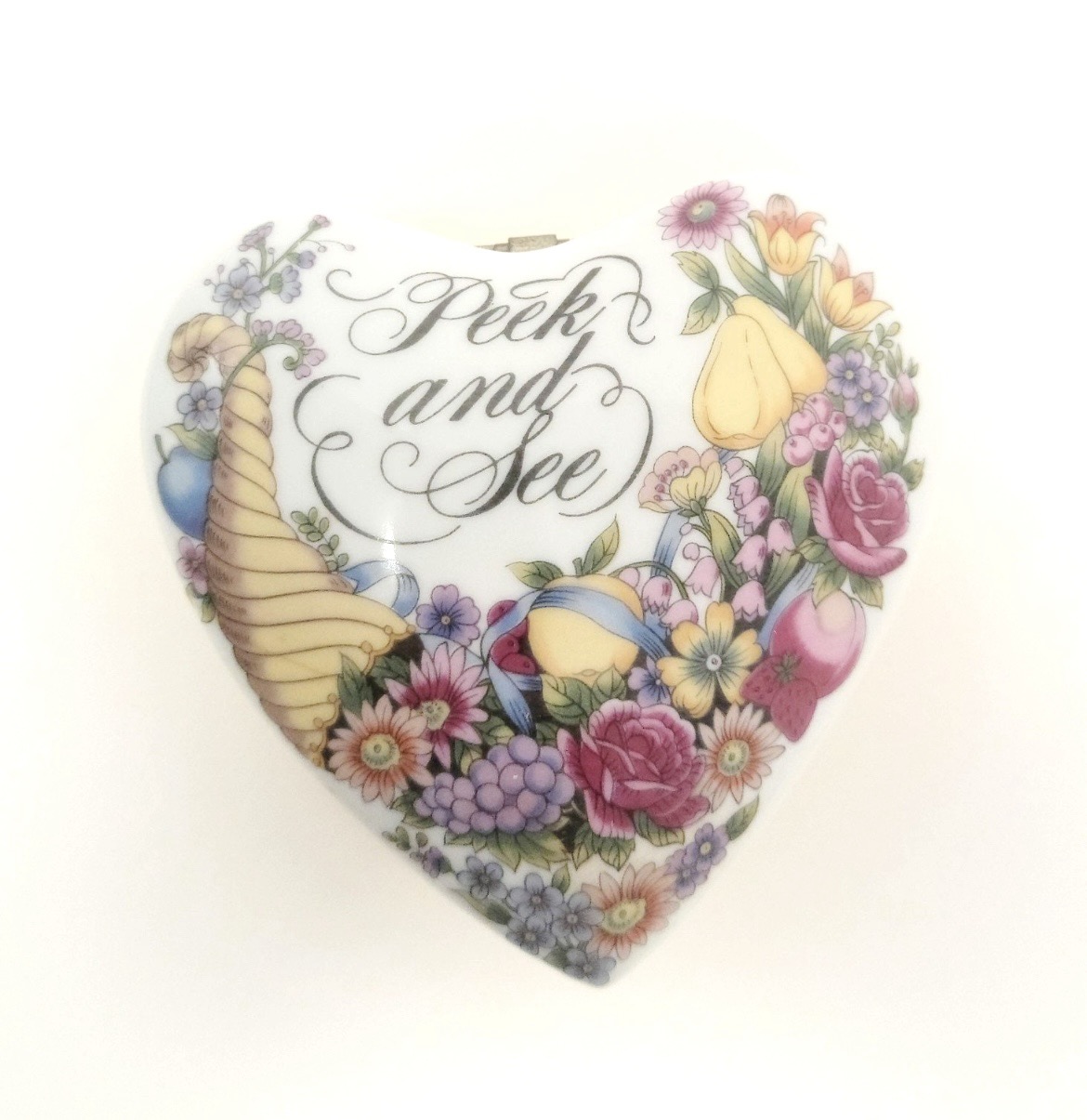 Vintage Heart Shaped Trinket Box/Hinged/Porcelain/“Peek and See”/Floral ...