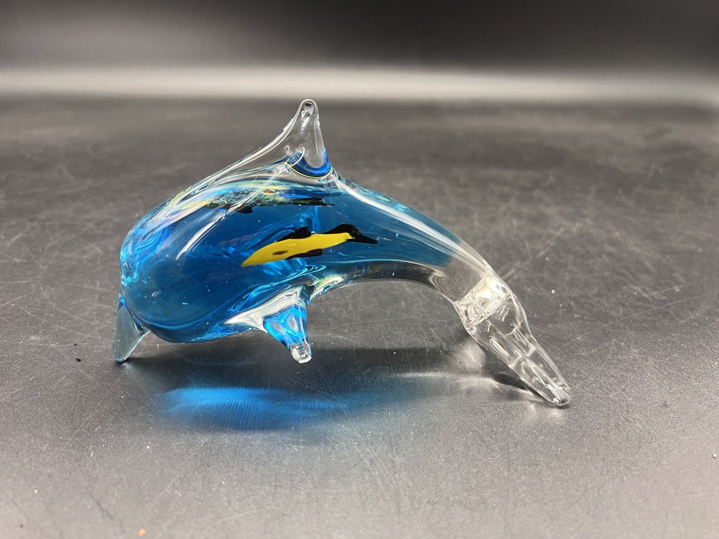 Art Glass Blue Clear Diving Dolphin with Yellow Fish Figurine Figure ...