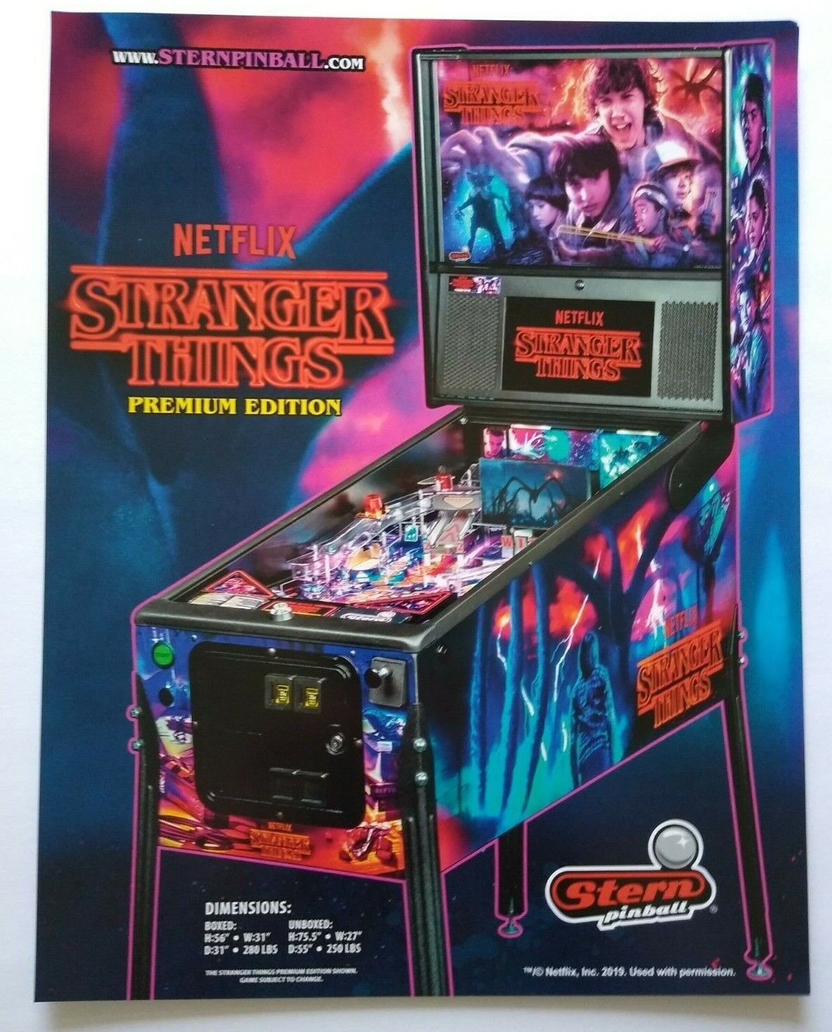 Stranger Things Premium Pinball FLYER Original 2019 NOS Game Paper Artwork