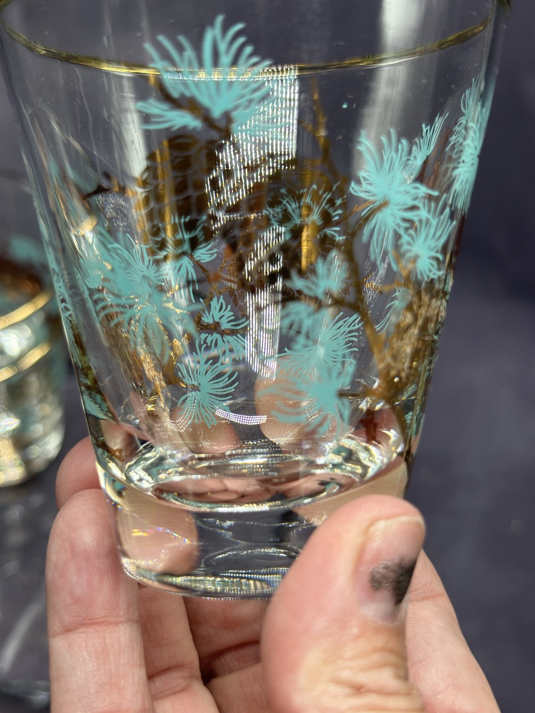 60's Lowball Libbey Glass Gold Pinecone 6oz Barware Drink Cocktail Glasses