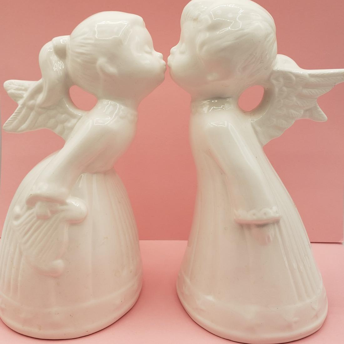 Vintage Kissing ANGELS Figurine Pair Set PR Taiwan 7" Tall White Harp ...