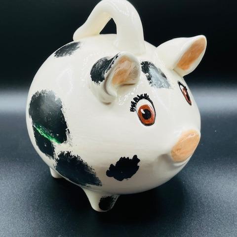 Vintage Hand Painted Piggy Bank Black Spotted Ceramic Pig