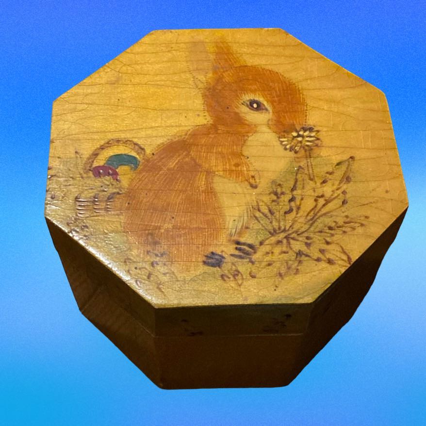 Vintage Bunny with Flowers Wooden Trinket Box Octagon Hand Painted ...